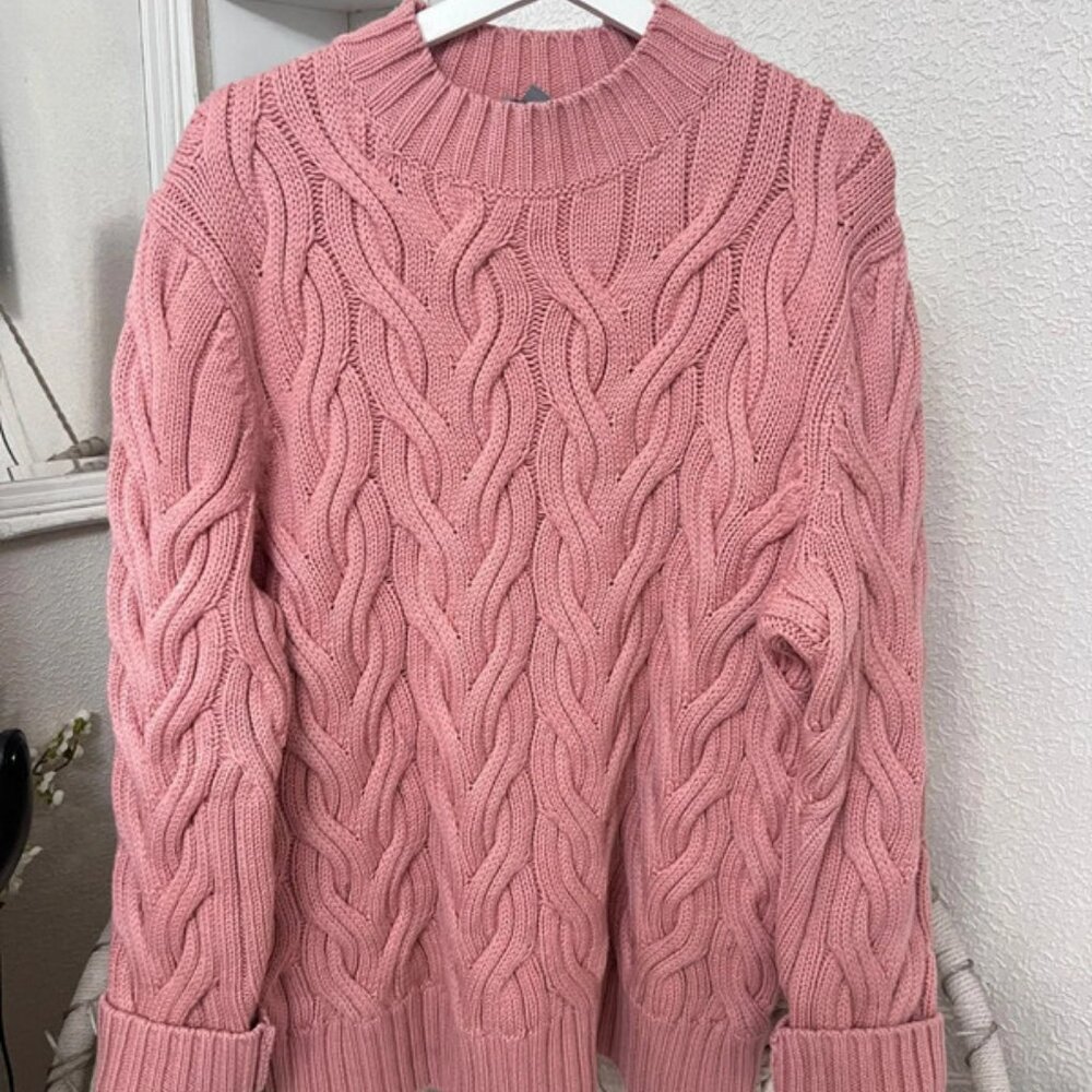 Cos Pink 100% Wool Cable Knit Chunky Long Jumper - Gem
